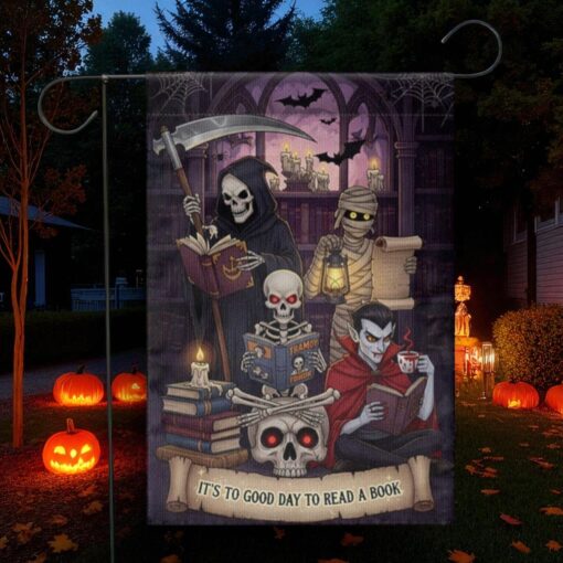 Halloween Garden Flag, Grim Reaper Book Lover Decor - Flagtify