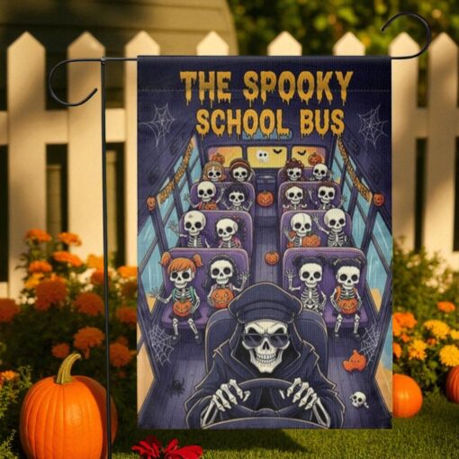 Halloween Garden Flag, Spooky Skeleton School Bus Decor - Flagtify